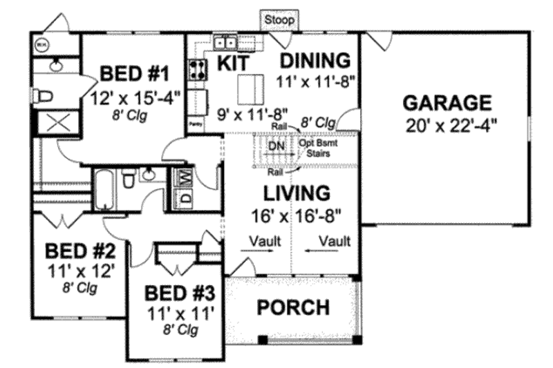 Traditional Style House Plan - 3 Beds 2 Baths 1286 Sq/Ft Plan #20-1886 ...