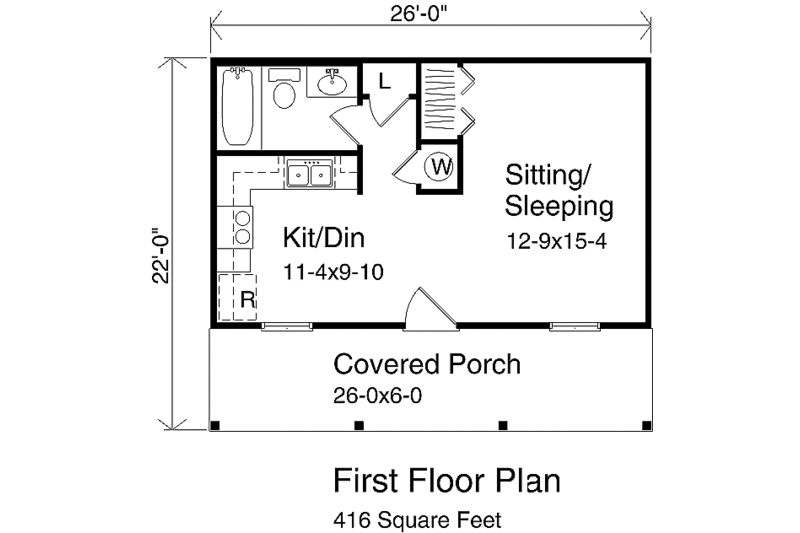 Cottage Style House Plan - 1 Beds 1 Baths 416 Sq/Ft Plan #22-121 ...
