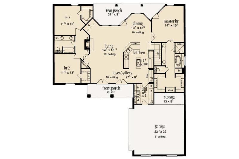 European Style House Plan - 3 Beds 2 Baths 1892 Sq/Ft Plan #36-428 ...